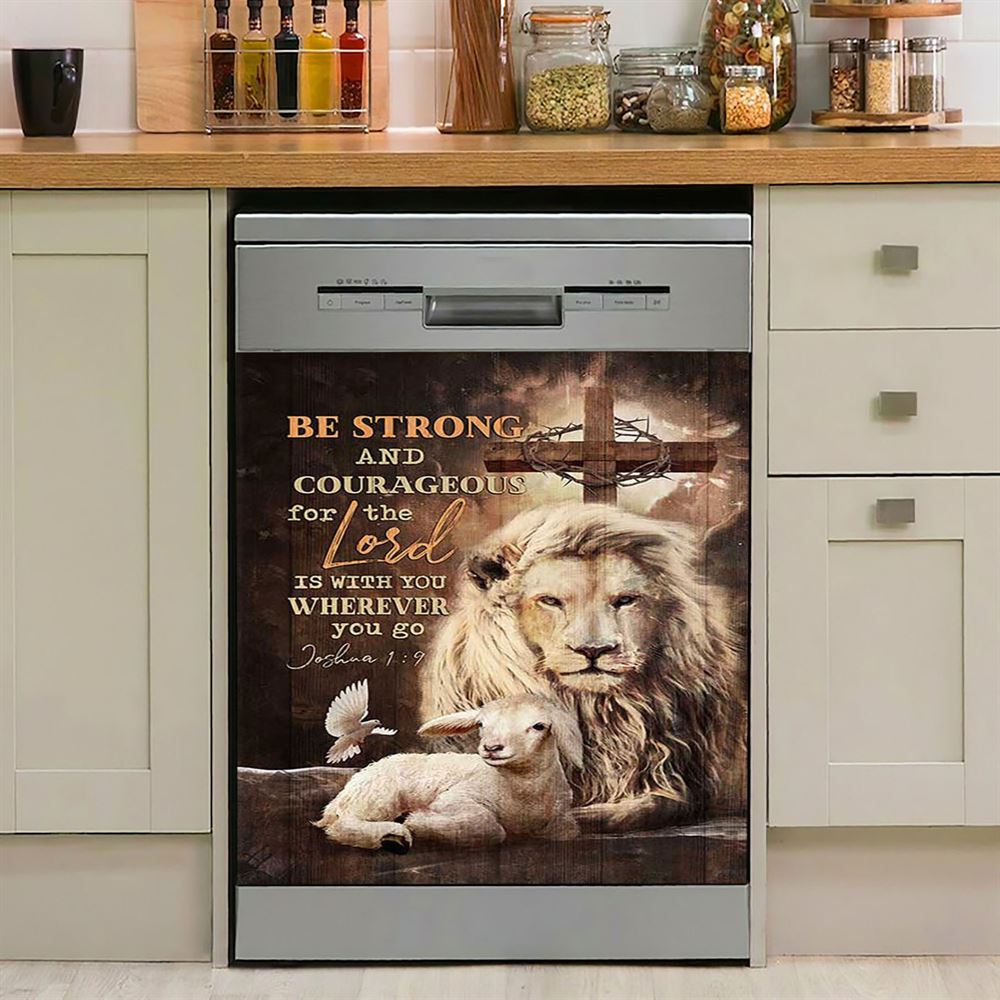 Be Strong And Courageous Lion White Lamb Dishwasher Cover, Bible Verse ...